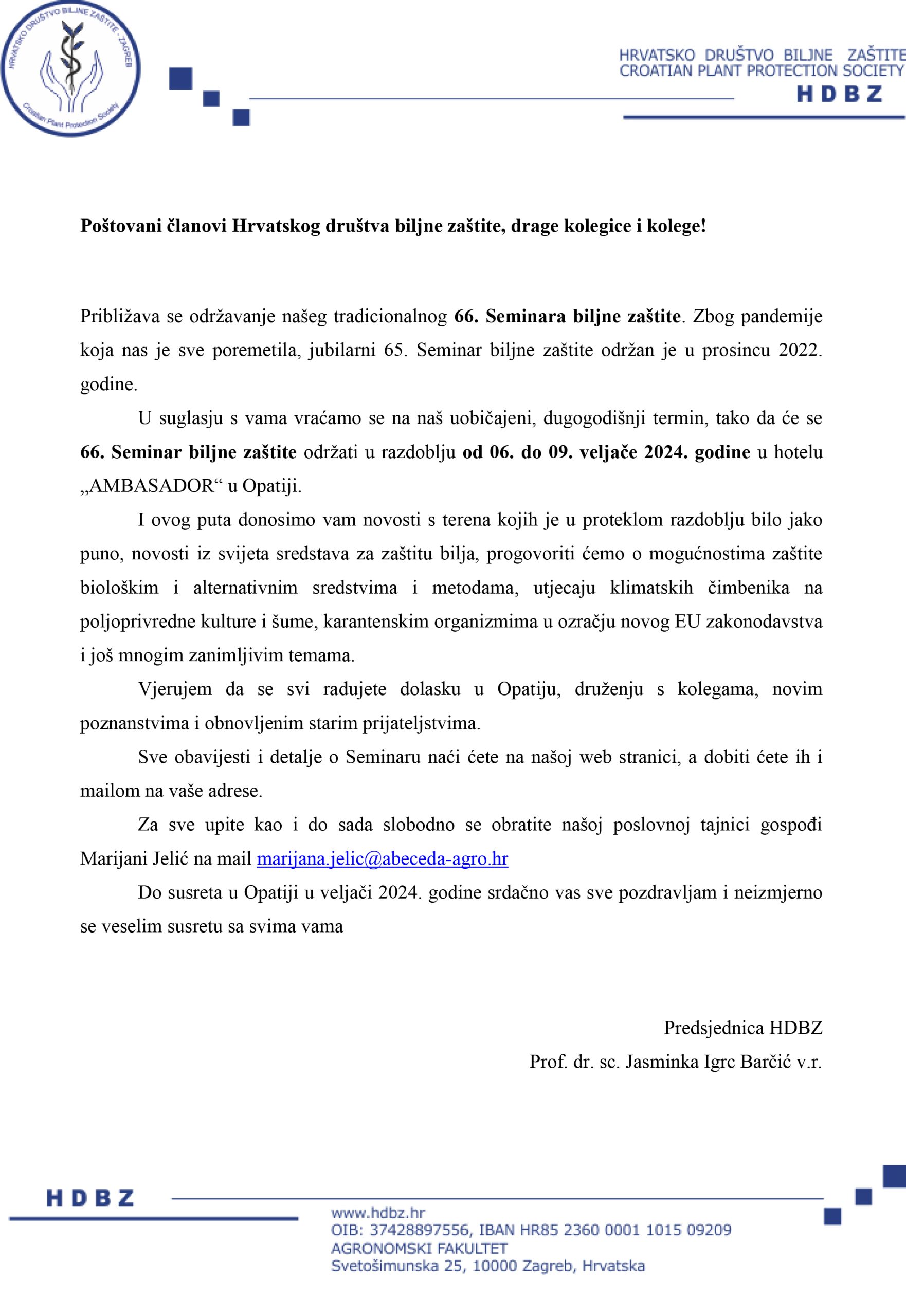 Nadolazeći seminar - HDBZ- Hrvatsko društvo biljne zaštite